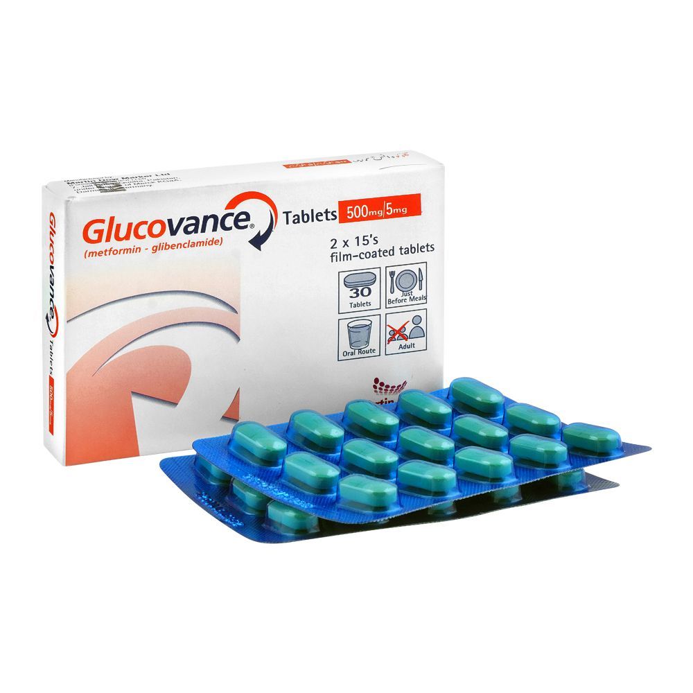 Glucovance 500mg/5mg 2x15's Tablets – One Health